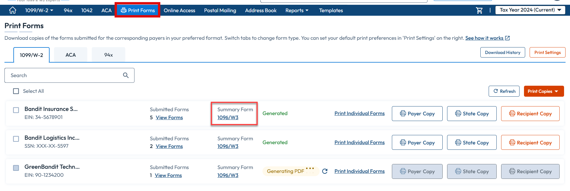 1096 Transmittal & W3 Summary Forms – Tax File App