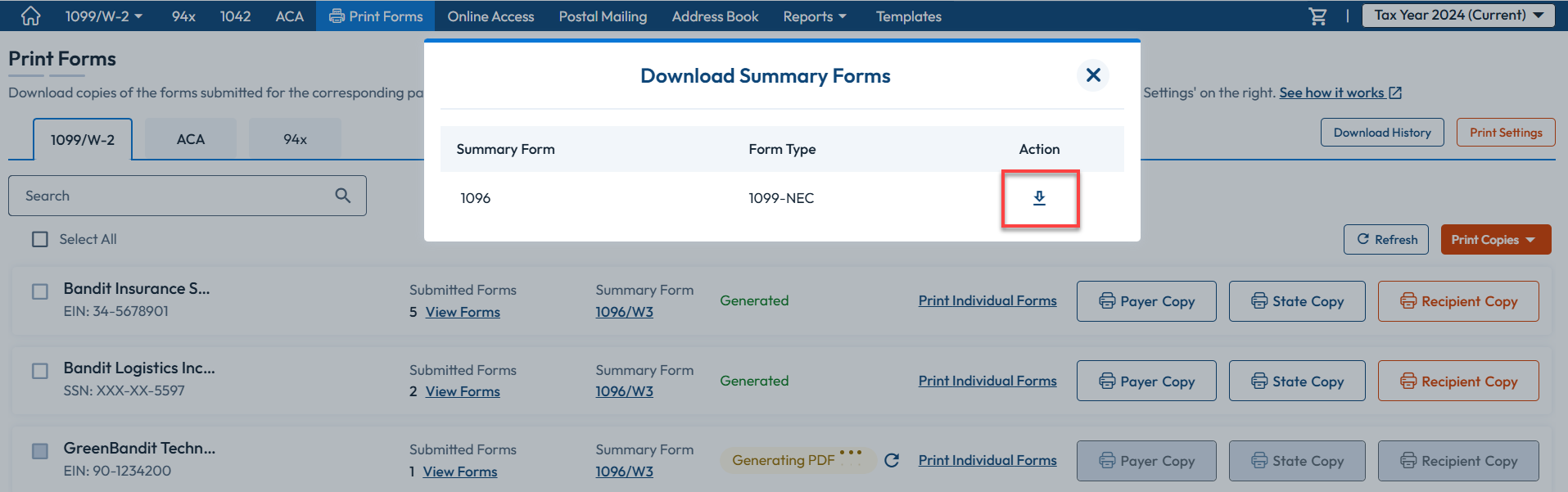 1096 Transmittal & W3 Summary Forms – Tax File App